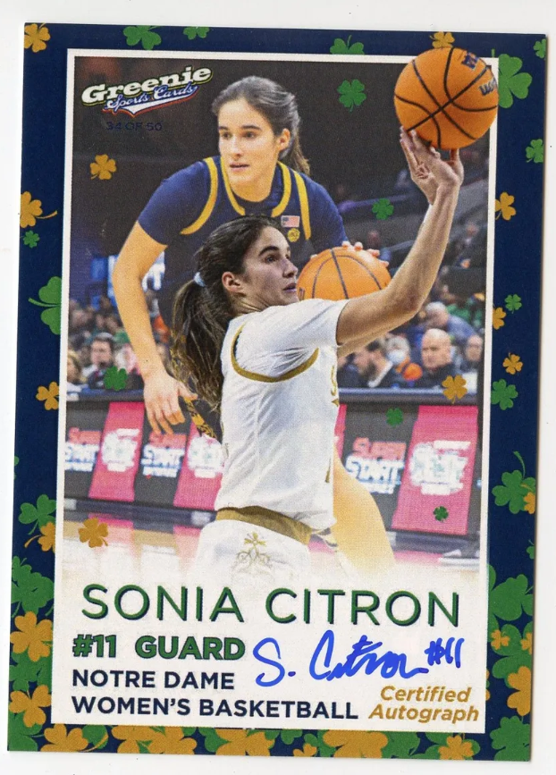 SONIA CITRON AUTO 2024 GREENIE SPORTS CARDS COA NIL /50 NOTRE DAME WBB ...