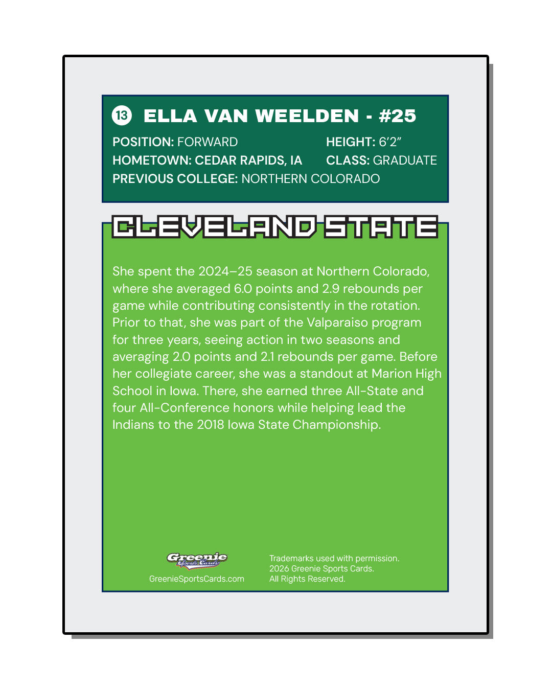 ELLA VAN WEELDEN Certified Autograph Trading Card 2025-26 Greenie Spor ...